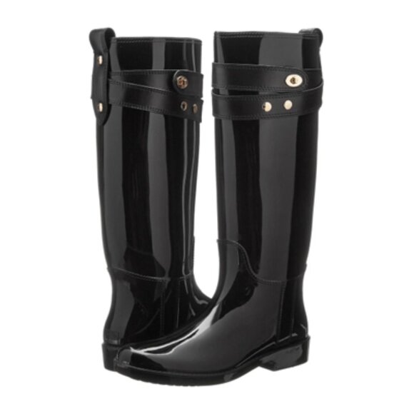 Coach | Shoes | Coach Talia Tall Rain Rubber Boots Black Size With Gold ...